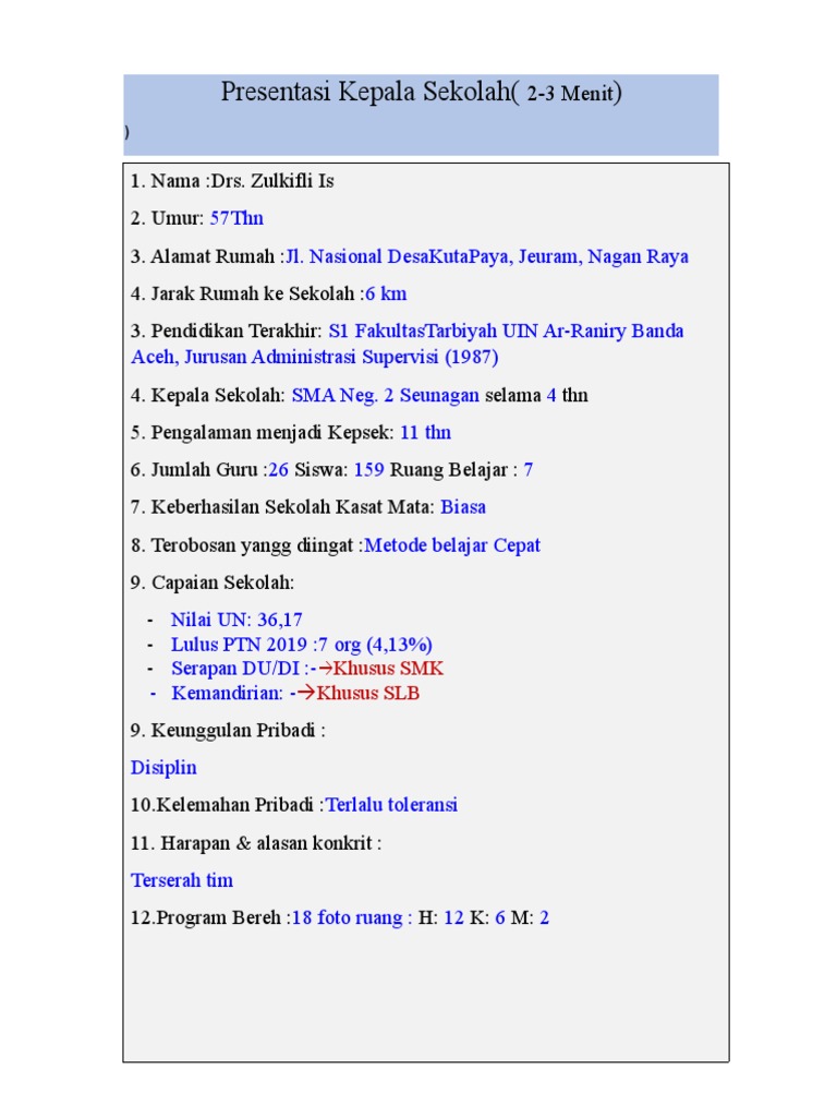 Bahan Presentasi Kepala Sekolah SMA 2 Seunagan | PDF