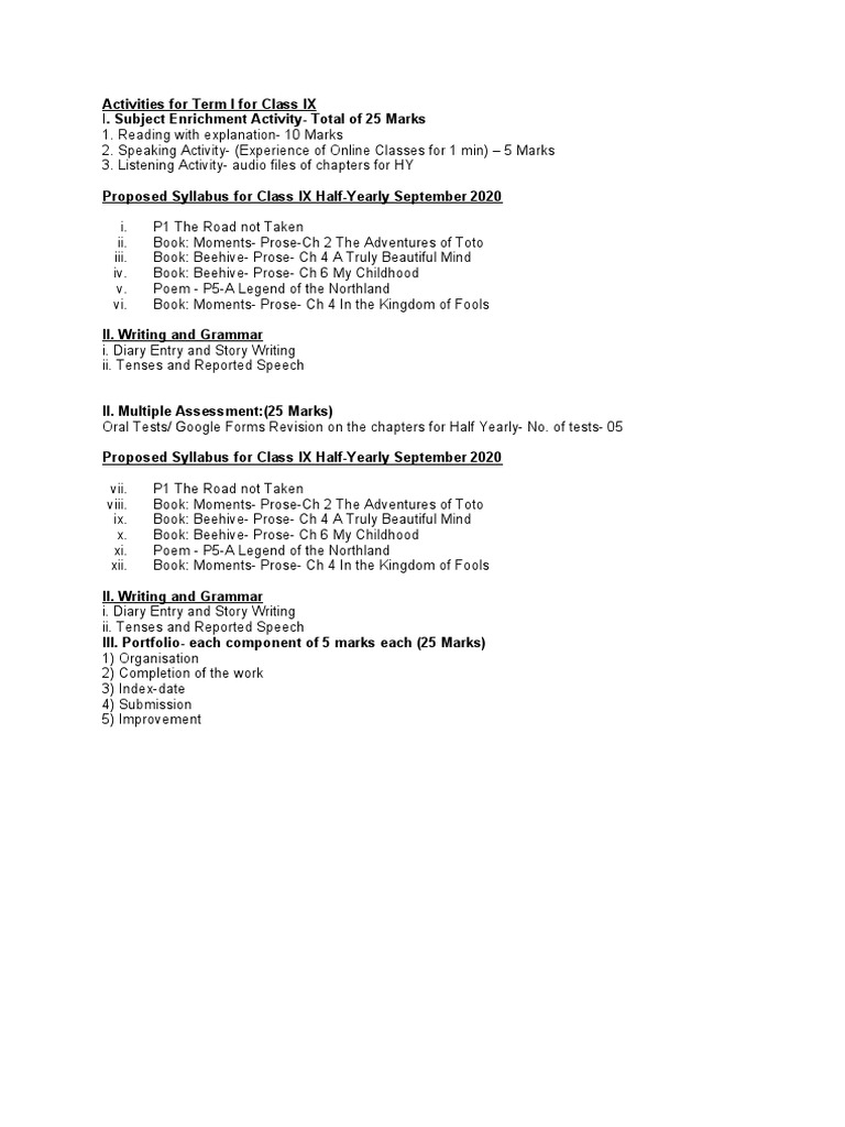 Activities For Class IX For Term 1 | PDF