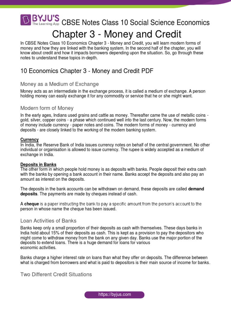 Chapter 3 - Money and Credit: CBSE Notes Class 10 Social Science ...