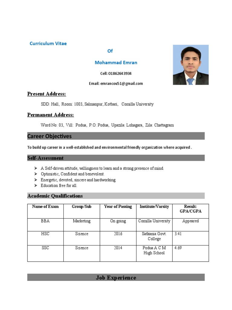 Curriculum Vitae of Mohammad Emran: Career Objectives | PDF | Bangladesh | Learning