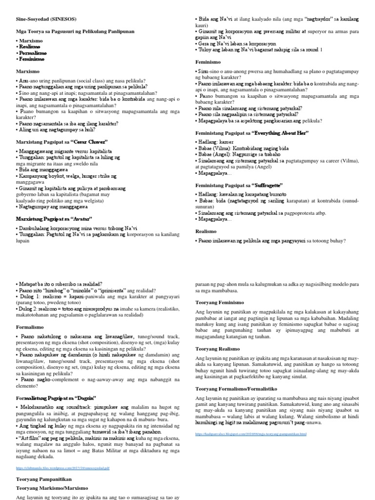 Sinesosyedad/pelikulang Panlipunan (Sinesos) - Mga Dulog Sa Pagsusuri NG Pelikulang Panlipunan | PDF