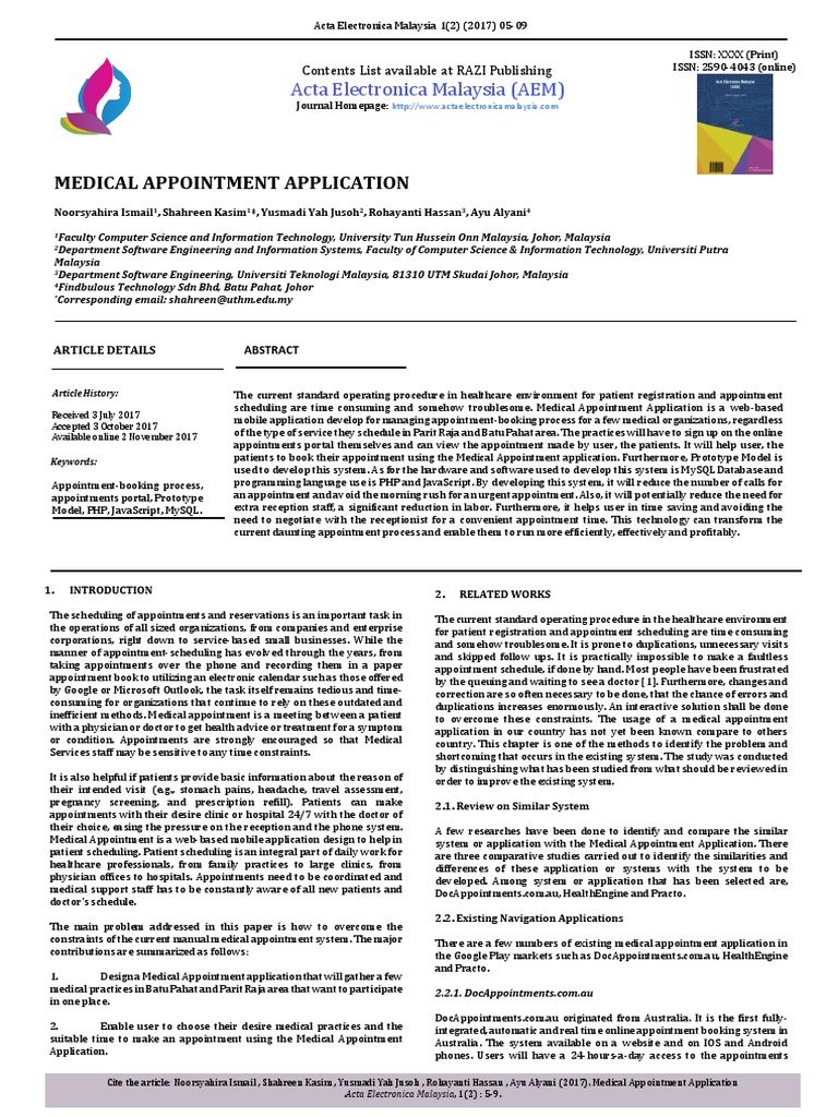 Medical Appointment Application: Acta Electronica Malaysia (AEM) | PDF | Application Software ...