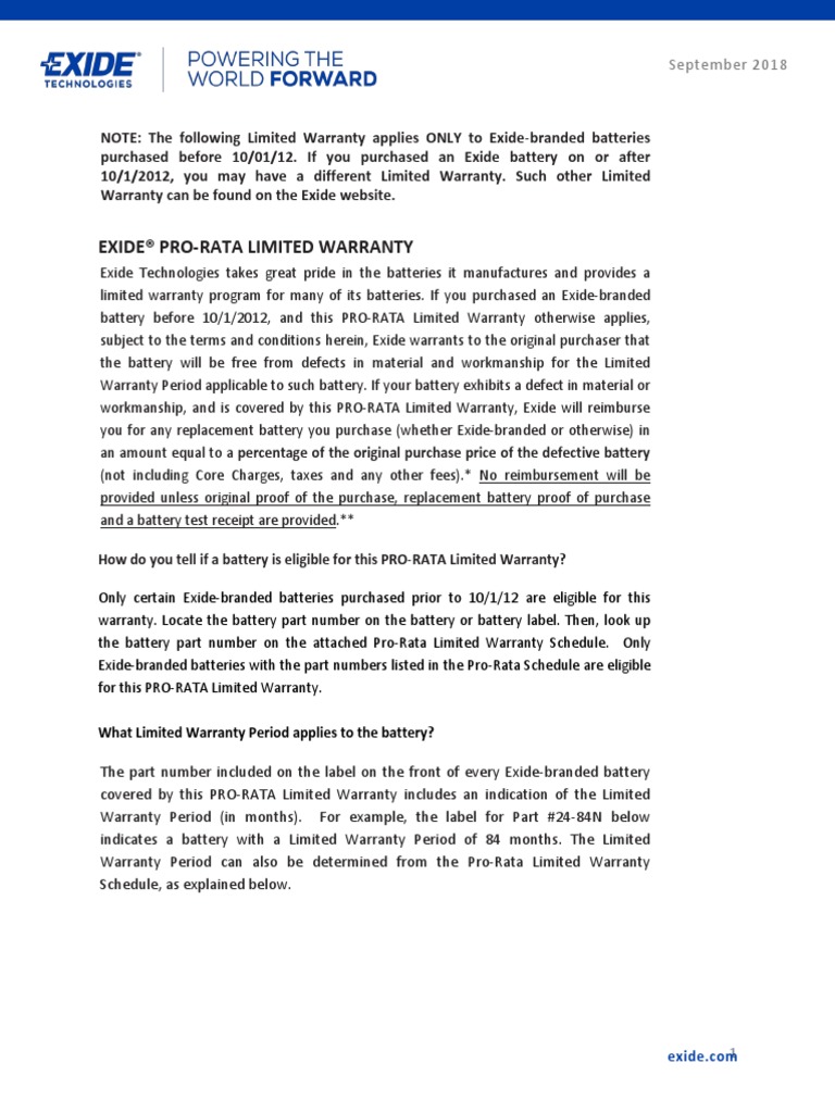 Exide Consumer Warranty - (Pro Rata Warranty - Pre Oct. 2012) | PDF ...