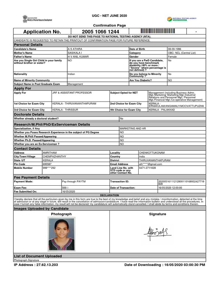 Confirmation of UGC NET June 2020 Exam Registration for A.S. Athira ...