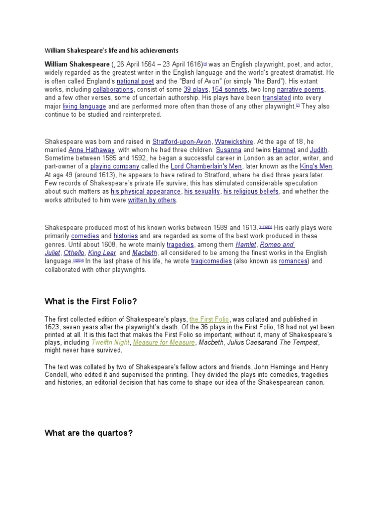 William Shakespeare's Life and His Achievements | PDF | William ...