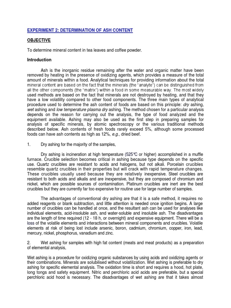 Objective: Experiment 2: Determination of Ash Content | PDF | Minerals ...