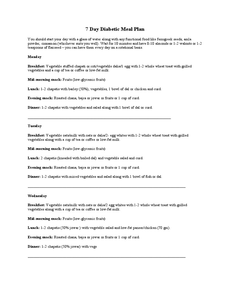 7 Day Diabetic Meal Plan | PDF | Lunch | Meal