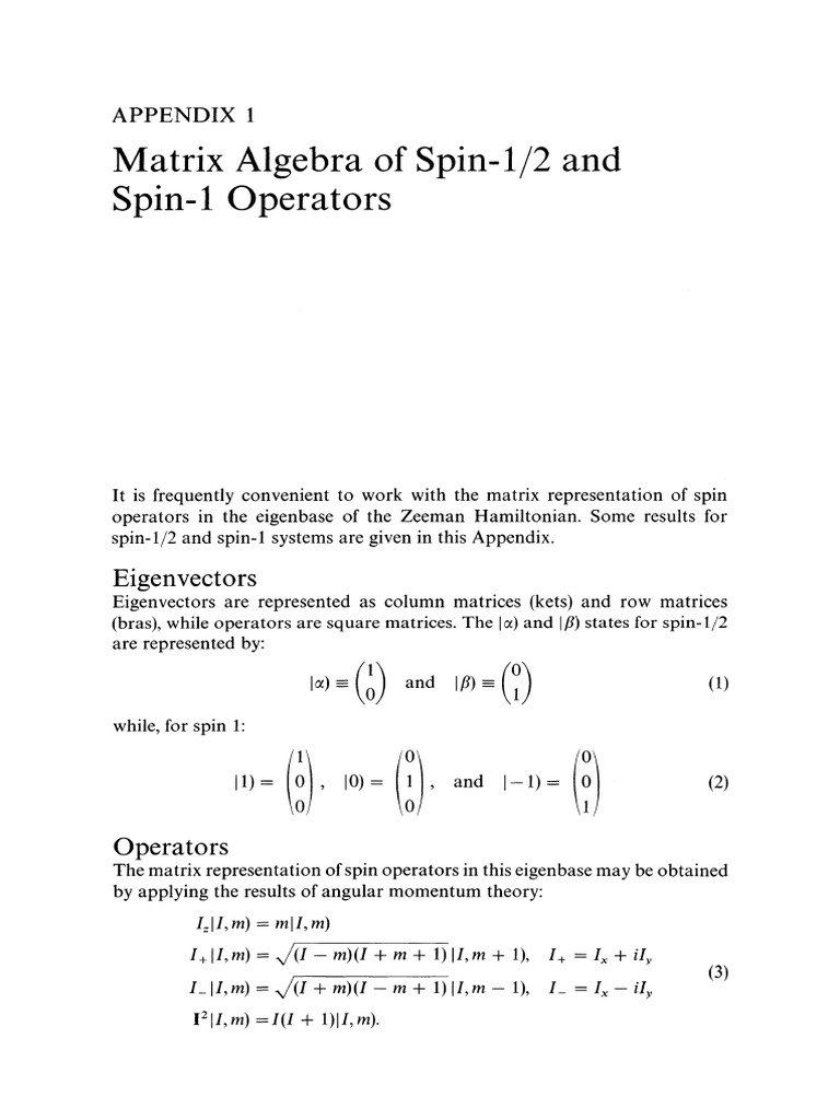 Matrix Algebra of Spin-L/2 and Spin-L Operators: Appendix 1 | PDF ...