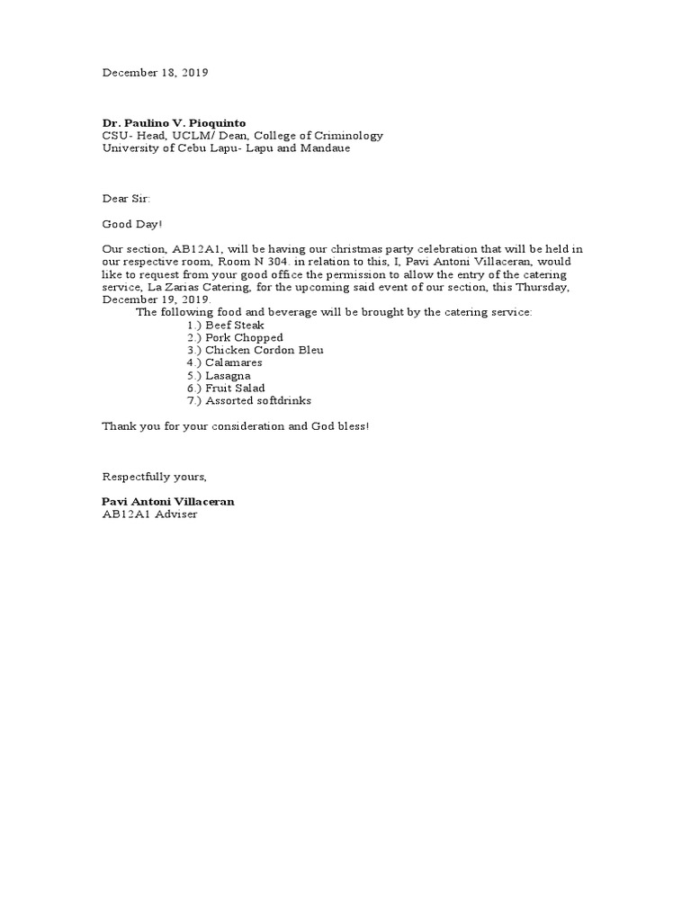 Letter For Catering | PDF