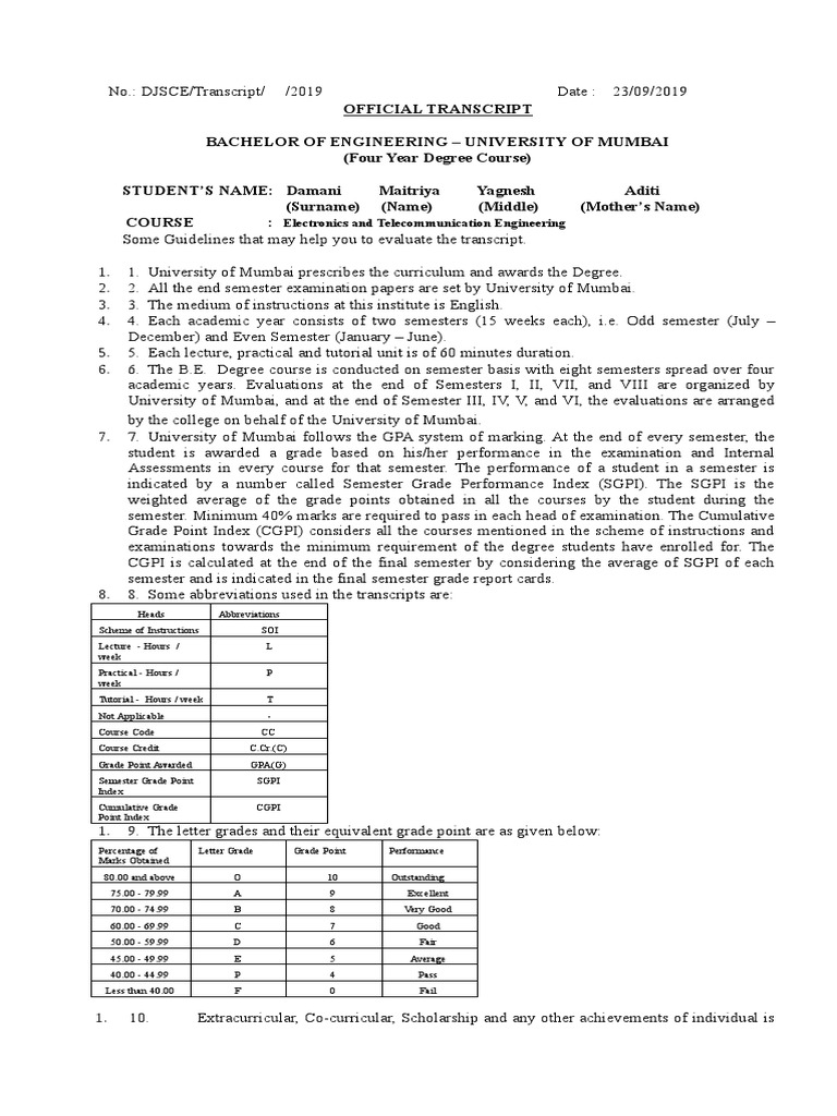 Official Transcript Bachelor of Engineering - University of Mumbai ...