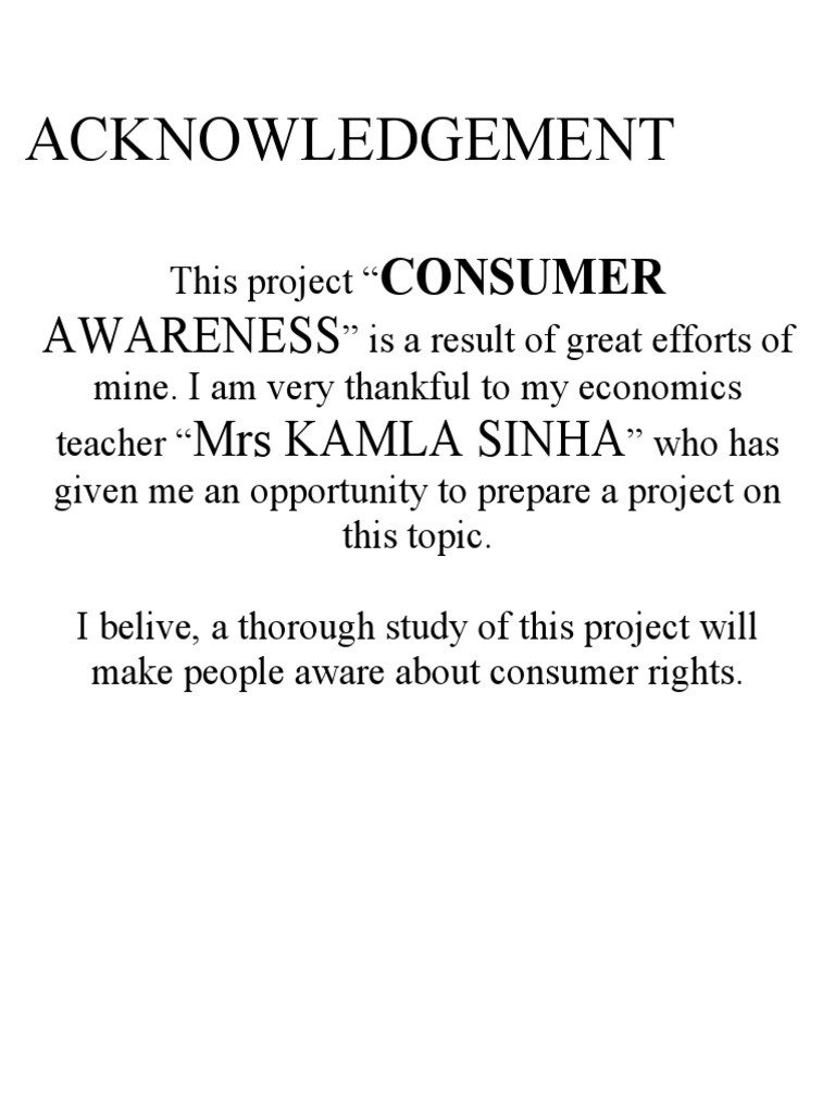 Consumer Awareness Project Acknowledgement | PDF