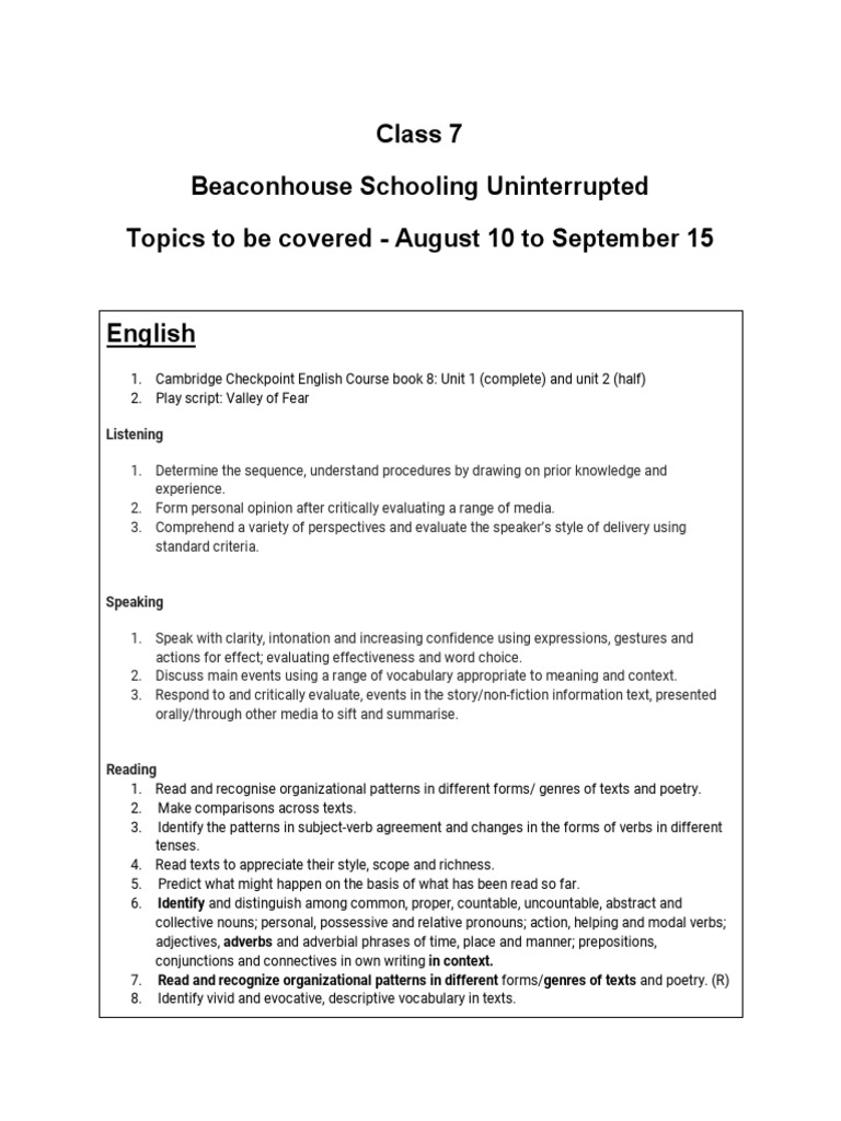 Class 7 - List of Topics To Be Covered (BSU 1.2) PDF | PDF | Verb ...