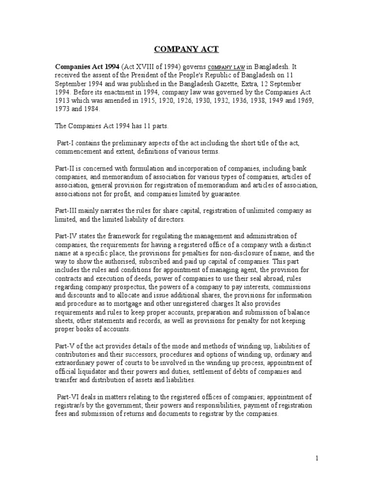 Bangladesh Companies Act 1994 Overview | PDF | Liquidation | Companies
