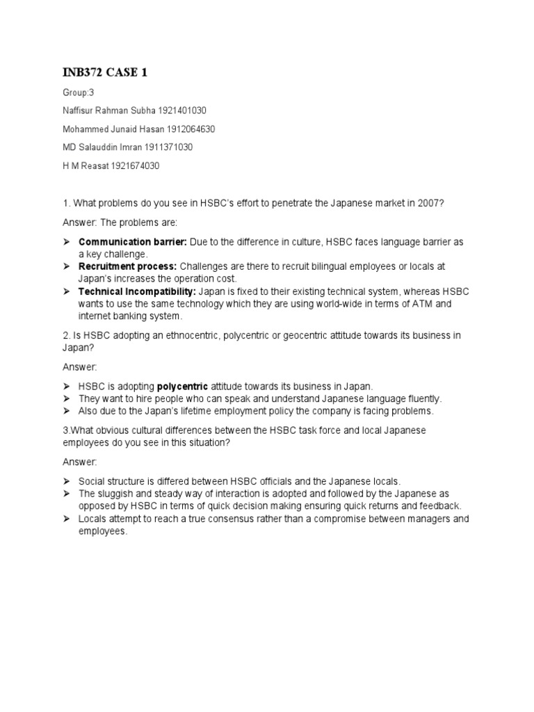 Inb372 Case 1 | PDF | Japan | Hsbc
