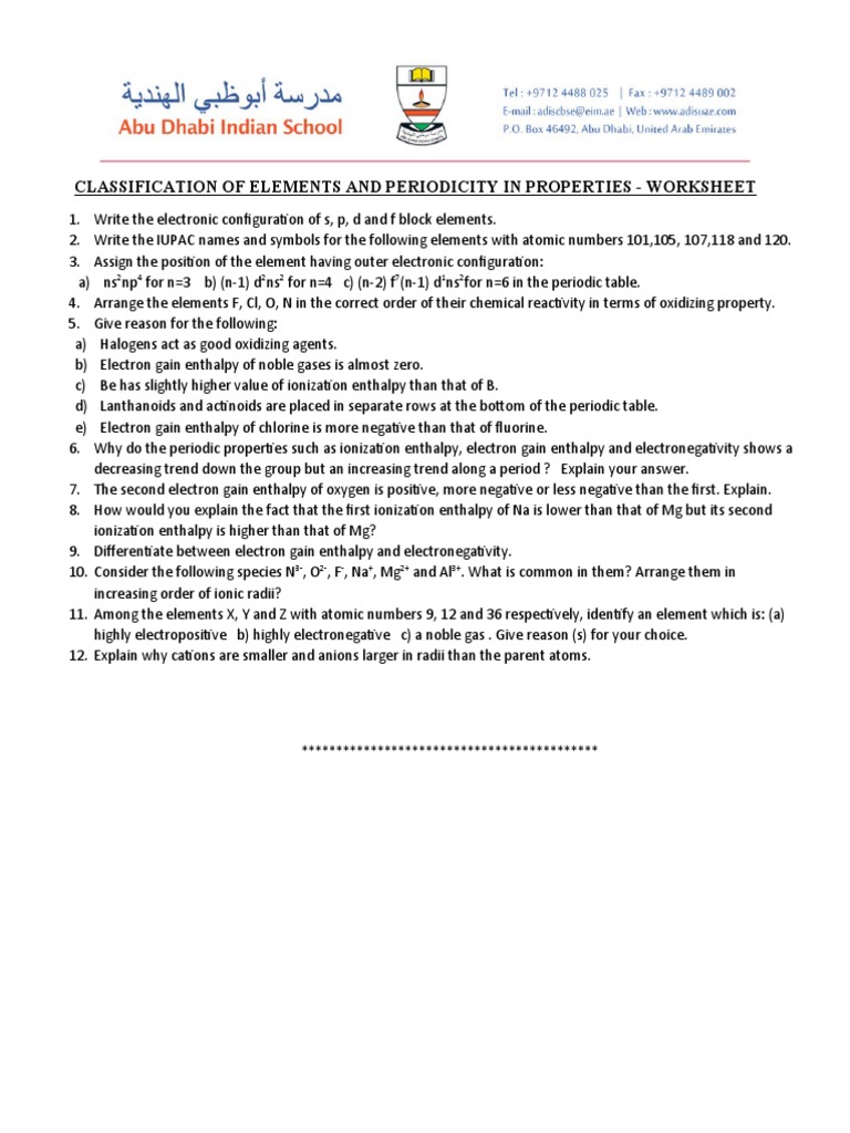 Classification of Elements and Periodicity in Properties - Worksheet | PDF