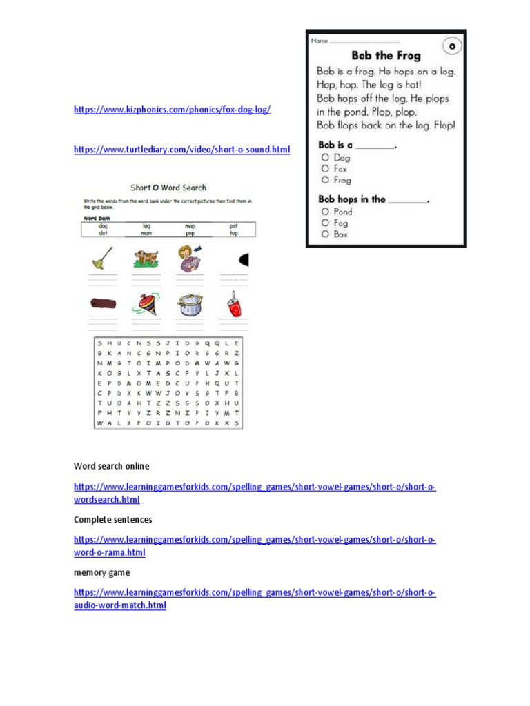 Short O Sound Learning Resources | PDF | Games & Activities