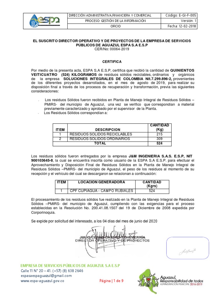 Acta o Residuos Solidos Mes de Junio | PDF | Residuos | Business