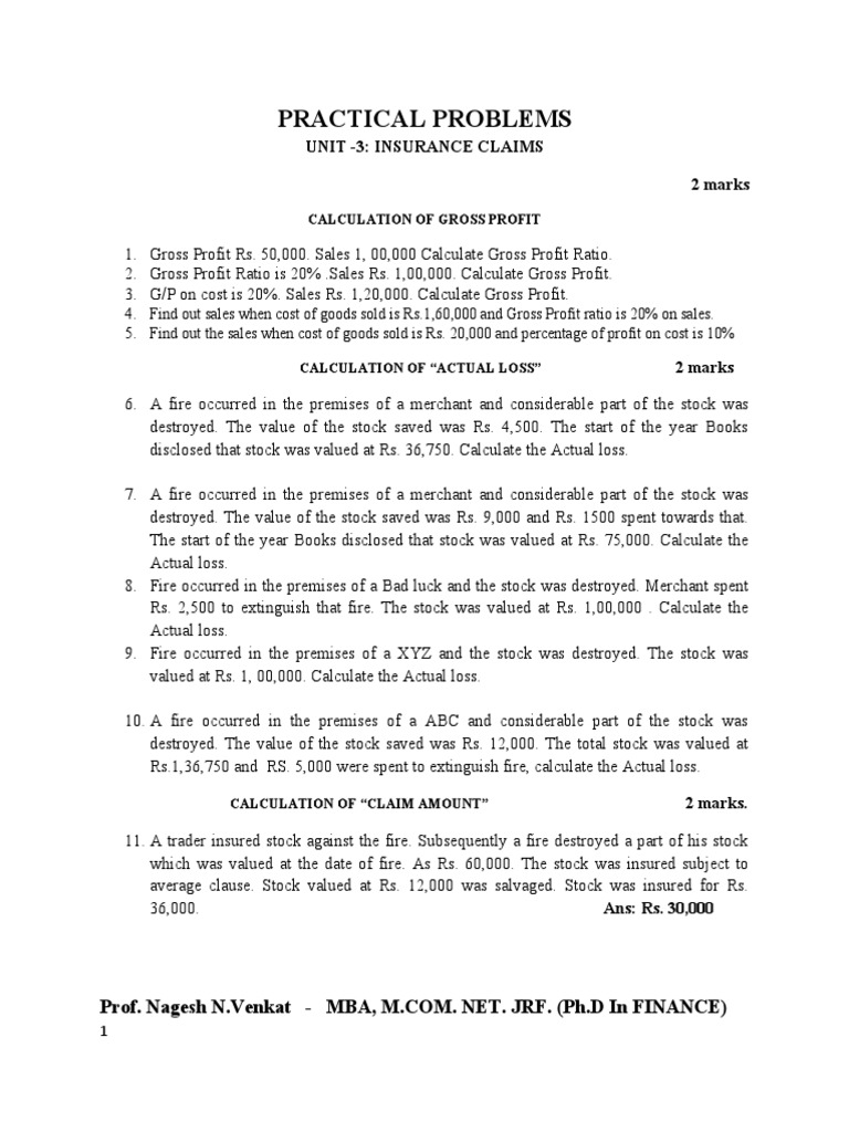 Practical Problems: Unit - 3: Insurance Claims 2 Marks | PDF ...