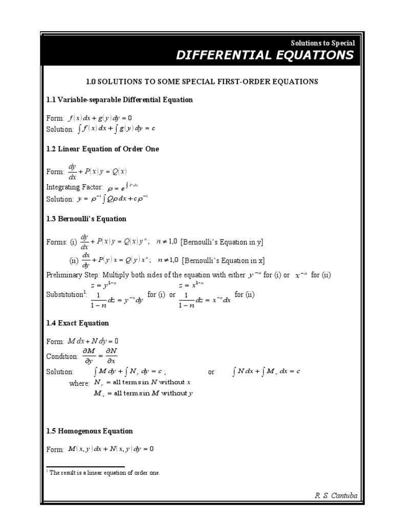 Differential Equations 1 0 Solutions To Some Special First Order