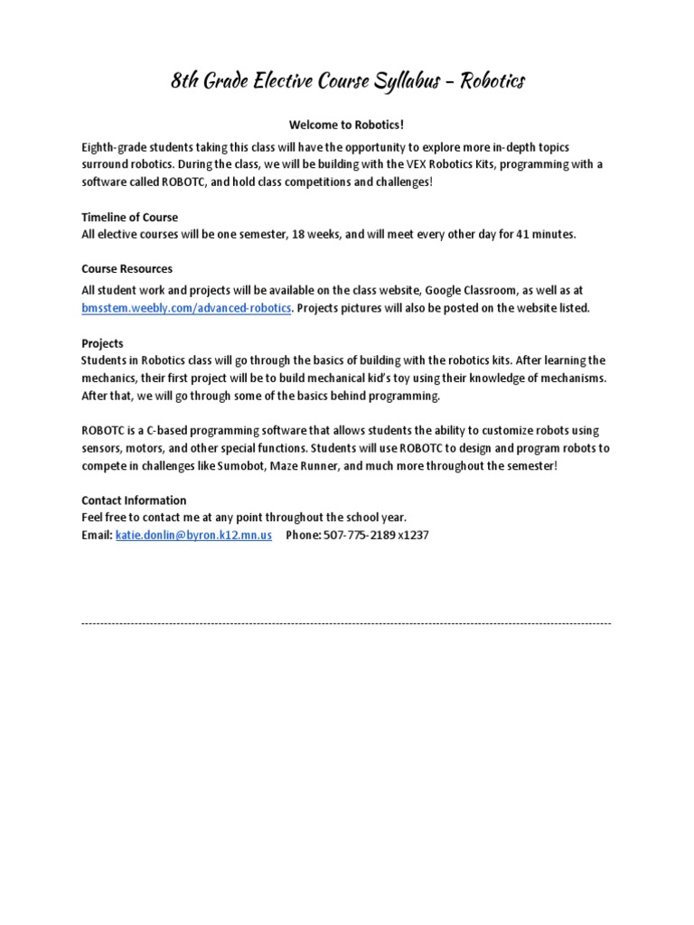 8th Grade Robotics Course Overview | PDF | Technology & Engineering