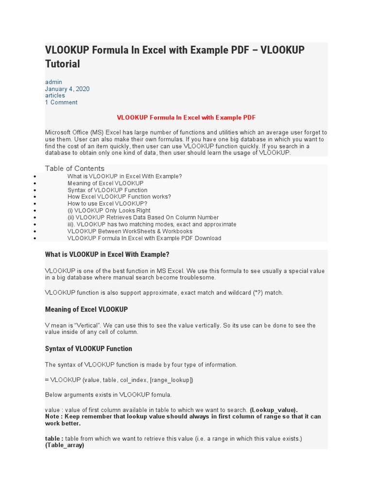 VLOOKUP Formula in Excel With Example PDF | PDF | Microsoft Excel ...
