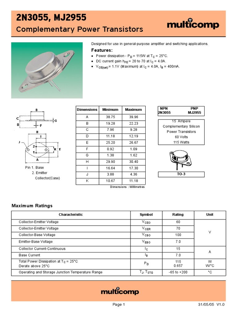 Transistor 2N3055 | PDF | Bipolar Junction Transistor | Semiconductors