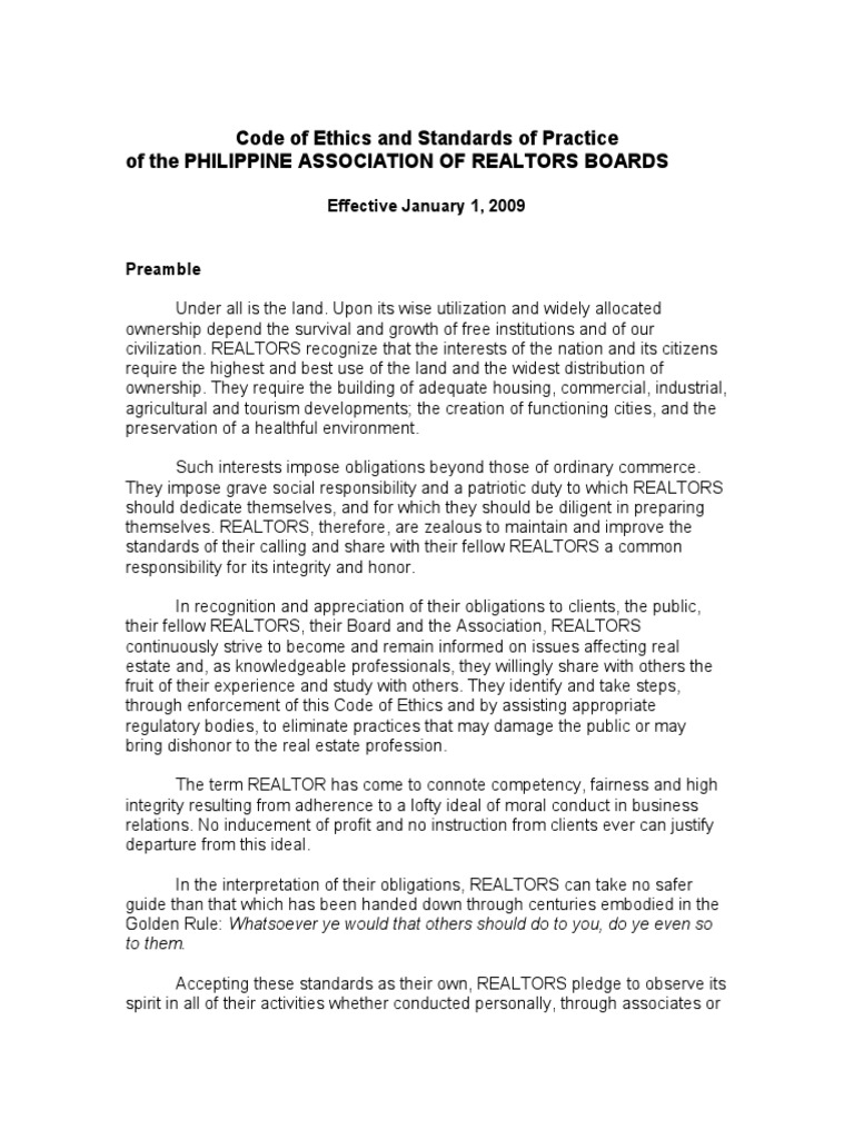 Philippine Realtors Code of Ethics | PDF | Real Estate Broker ...