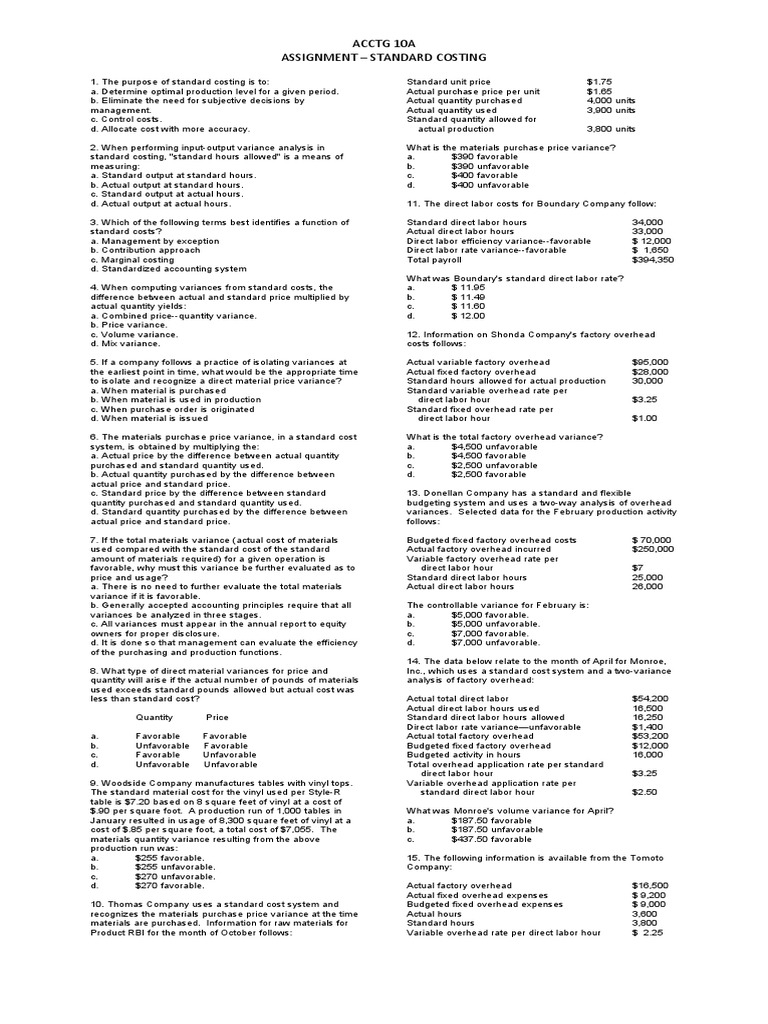 Acctg 10A Assignment - Standard Costing | PDF | Cost | Variance