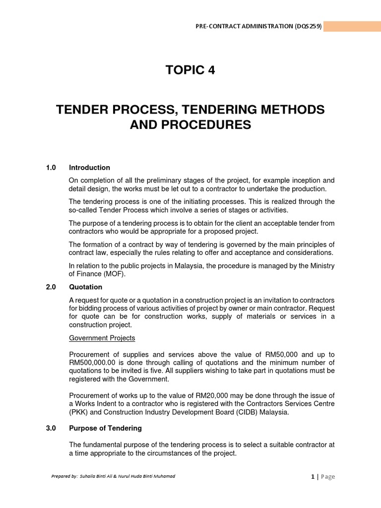 Topic 4 - Tender Process, Tendering Methods and Procedures | PDF ...