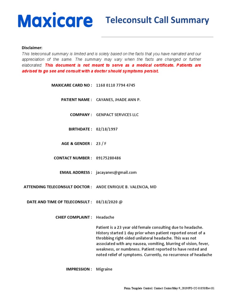 Teleconsult Call Summary | PDF | Headache | Migraine