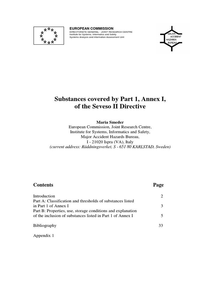 Substances Covered by Part 1, Annex I, of The Seveso II Directive | PDF ...