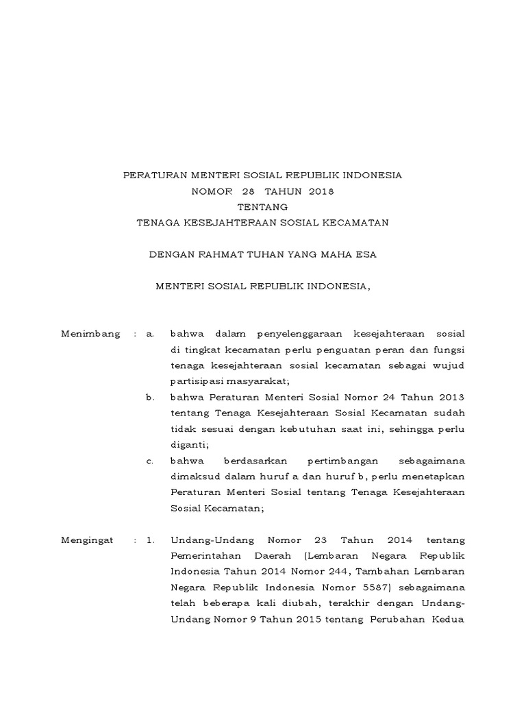 Permensos Nomor 28 Tahun 2018 Tentang TKSK PDF | PDF