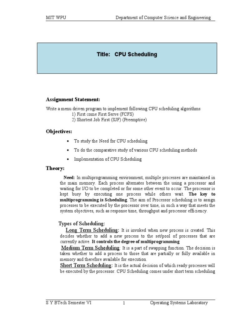 Title: CPU Scheduling: Types of Scheduling: Long Term Scheduling: Medium Term Scheduling Short ...