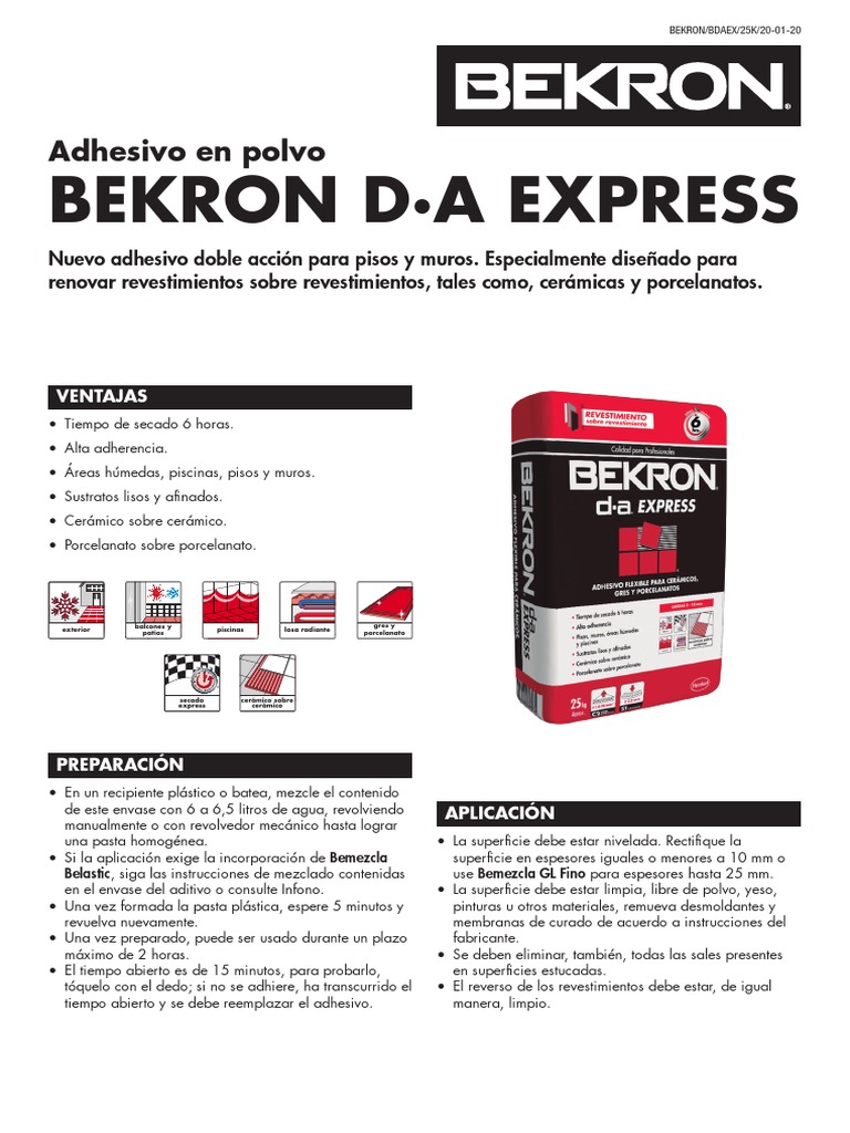 Adhesivo Bekron D·A Express para Revestimientos | PDF | Cerámica | Agua