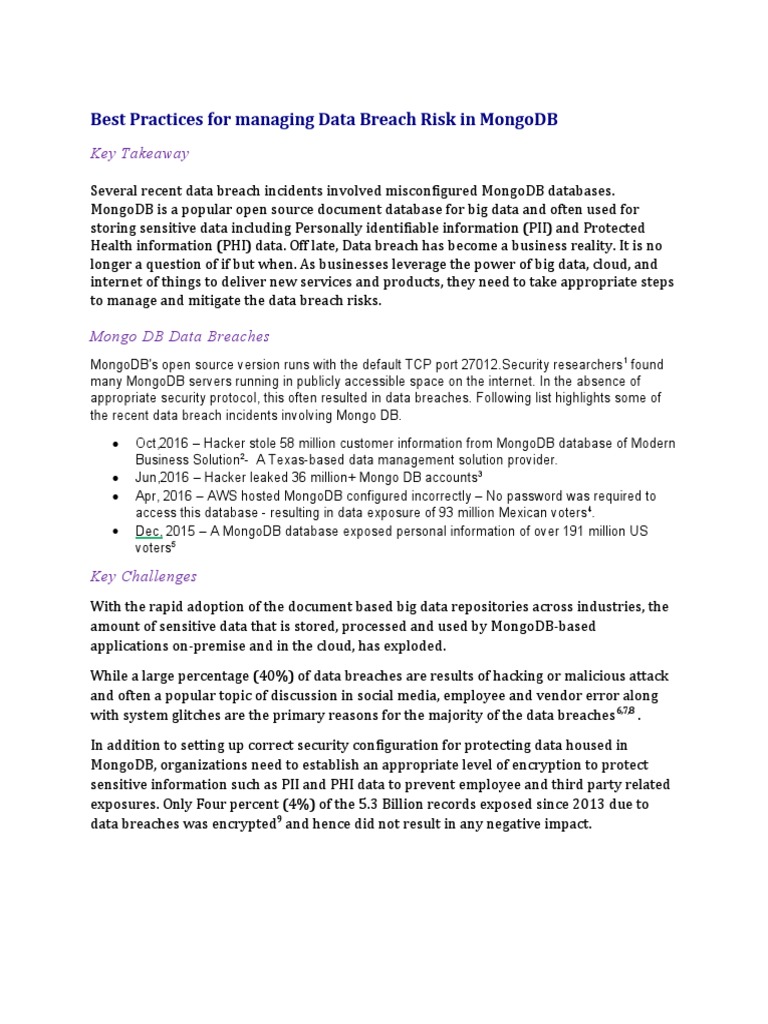 Best Practices For Managing Data Breach Risk In Mongodb Key Takeaway Pdf Mongo Db Cloud