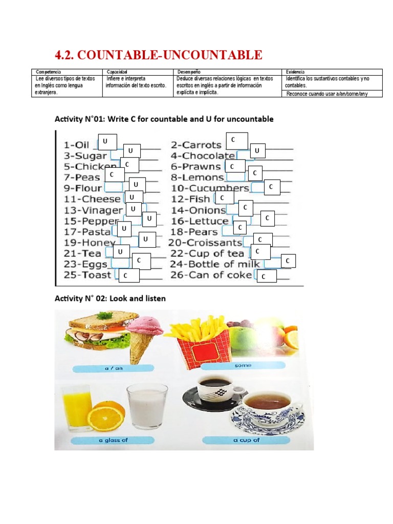 4.2. Countable-Uncountable: Activity N°01: Write C For Countable and U ...