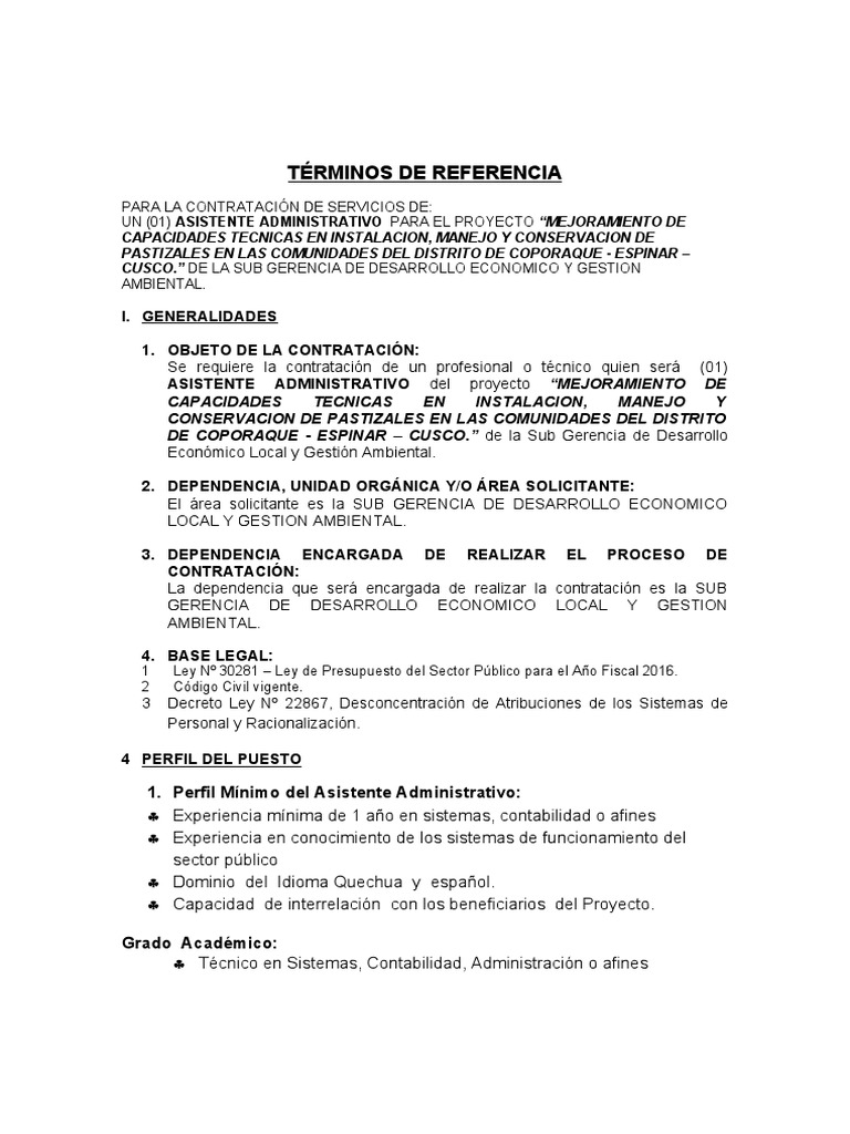 TDR de Asistente Administrativo | PDF | Gobierno | Economias
