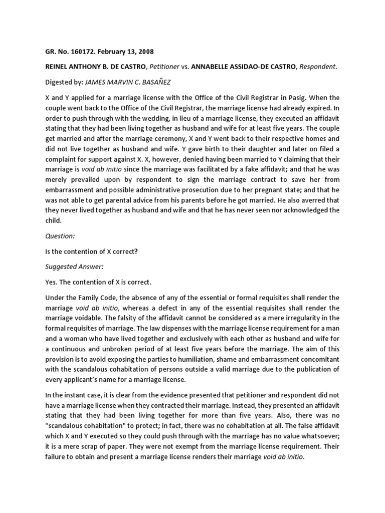 GR. No. 160172. February 13, 2008 Reinel Anthony B. de Castro ...