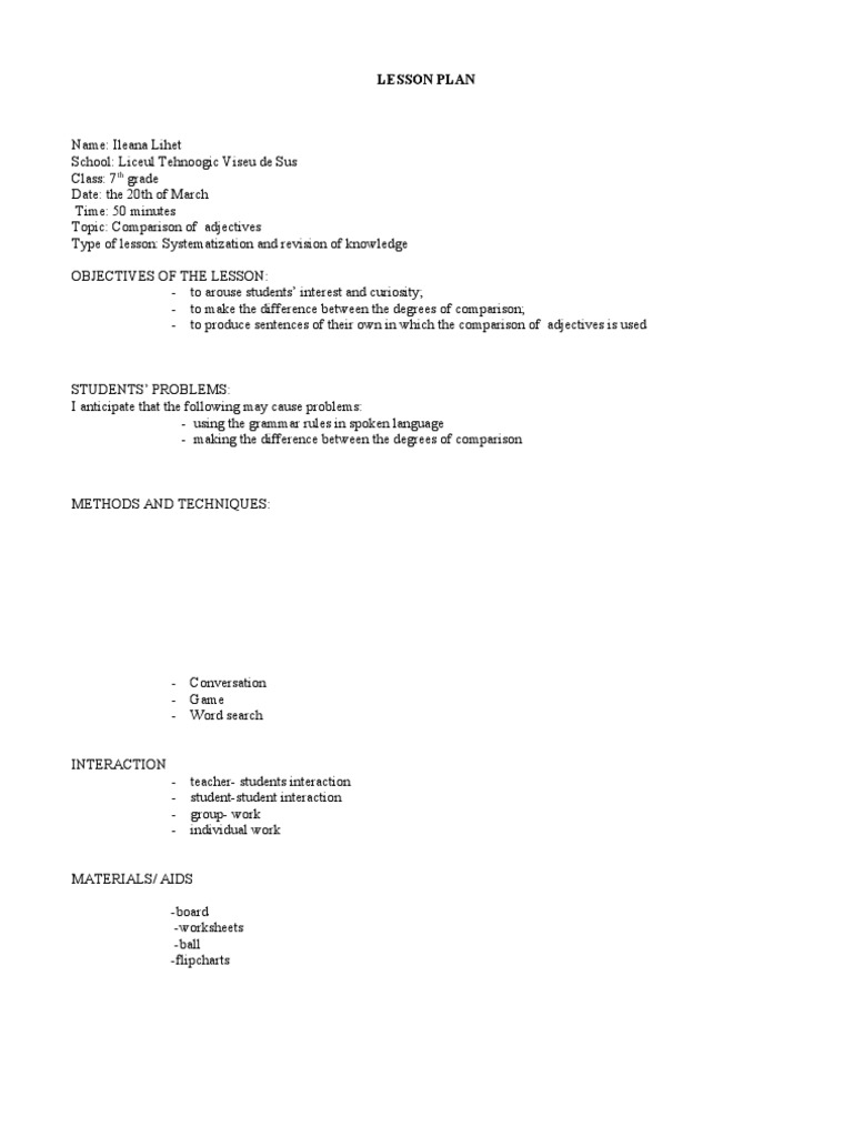 DEF Lesson Plan Clasa A 7 A | PDF | Lesson Plan | Adjective