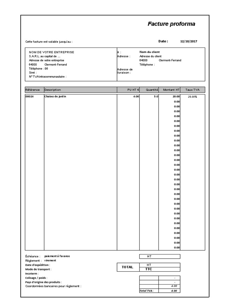 Facture Proforma Excel Vierge Modèle Gratuit Francais Anglais | PDF ...