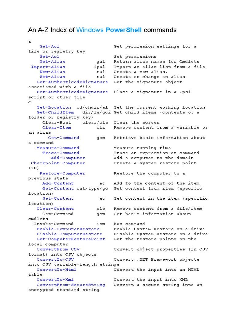 An A-Z Index of Commands: Windows Powershell | PDF | Windows Registry ...