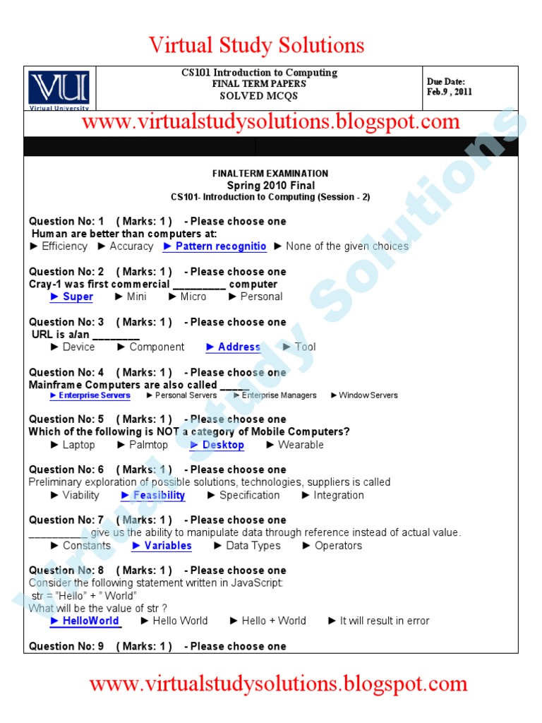 CS101 Final Term Solved MCQS PDF | PDF | File Transfer Protocol ...