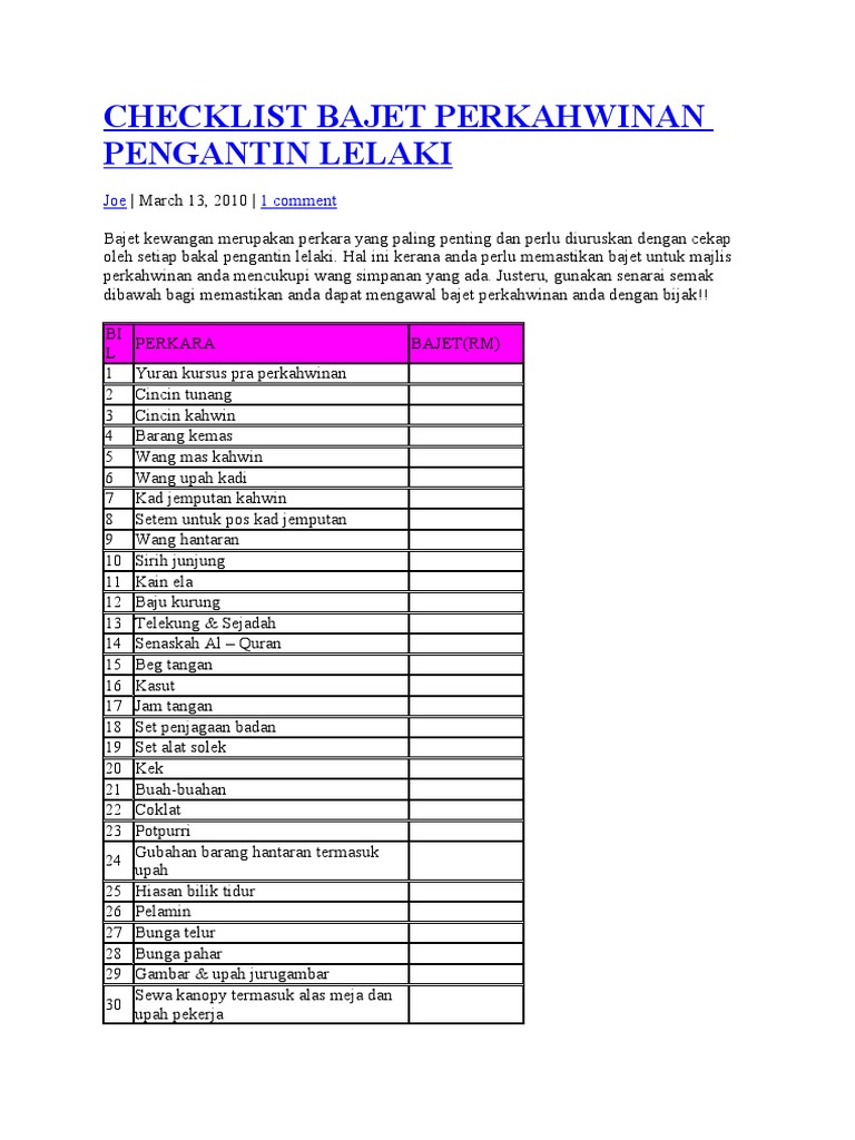 CHECKLIST BAJET PERKAHWINAn | PDF