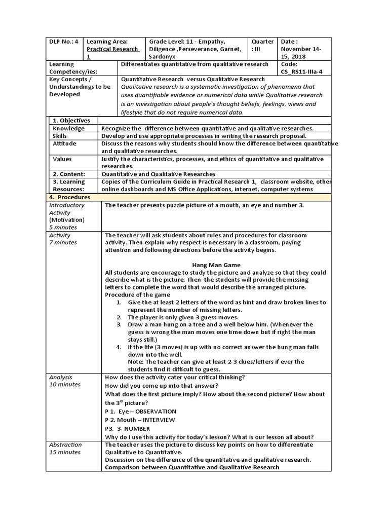 RPMS Lesson Plan | PDF | Qualitative Research | Quantitative Research