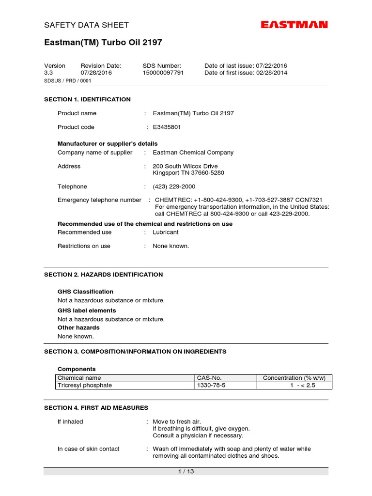 Eastman (TM) Turbo Oil 2197 PDF | PDF | Toxicity | Firefighting