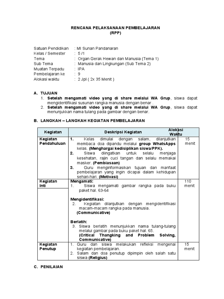 RPP Ipa Kelas 5 Rangka Manusia Pemb. 9 | PDF