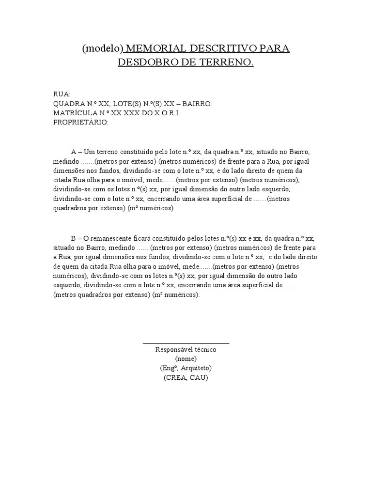 Modelo de Memorial Descritivo para Desdobro de Terreno | PDF