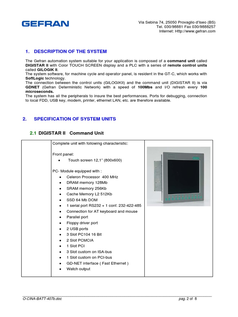 Description of The System: DIGISTAR II Command Unit | PDF | Input ...