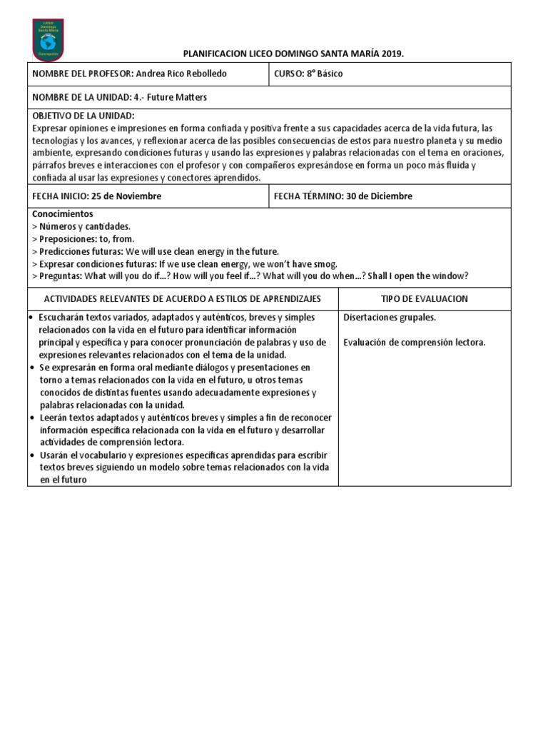 PLANIFICACION 8° Básico Unidad 4 2019 | PDF
