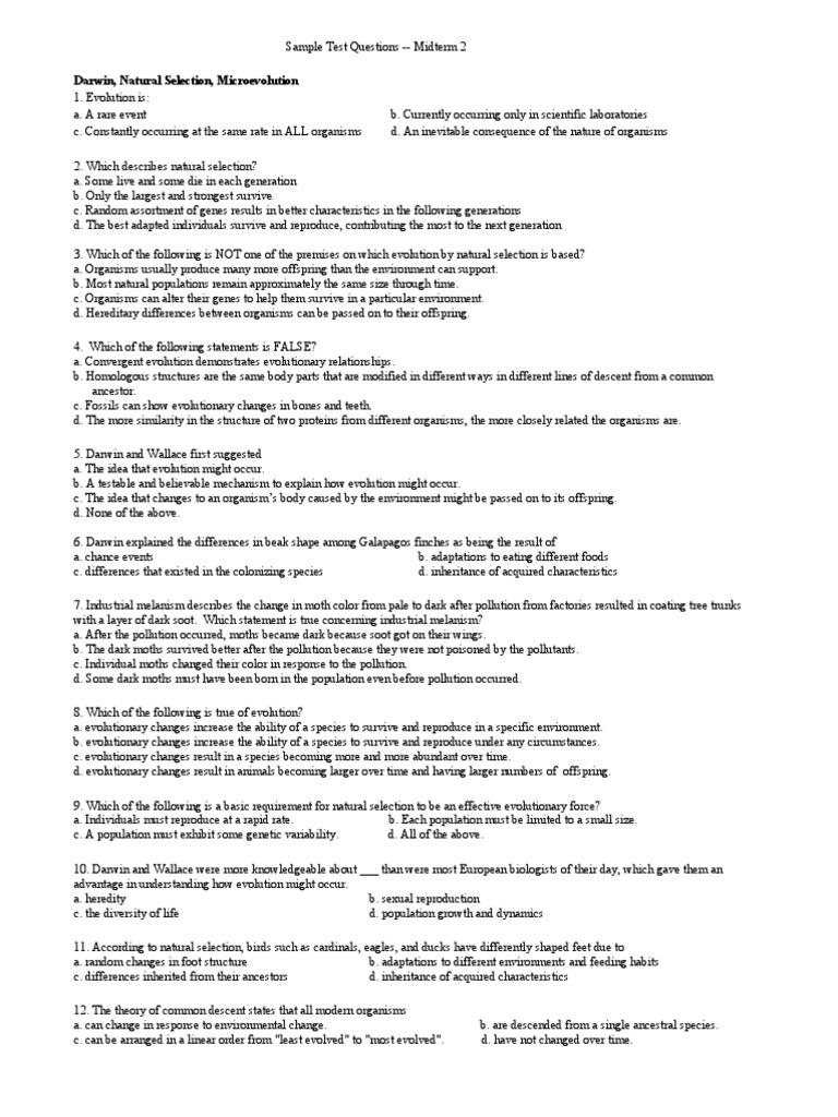 Darwin Natural Selection Test Questions | PDF | Natural Selection ...